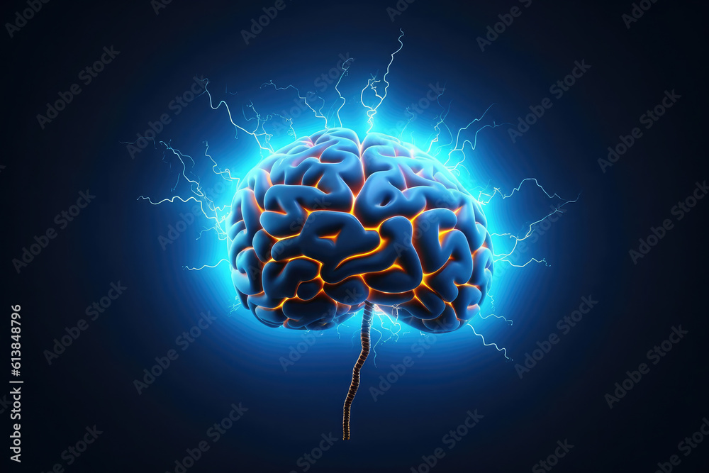 Human brain digital illustration.Flashes and lightning, electrical ...