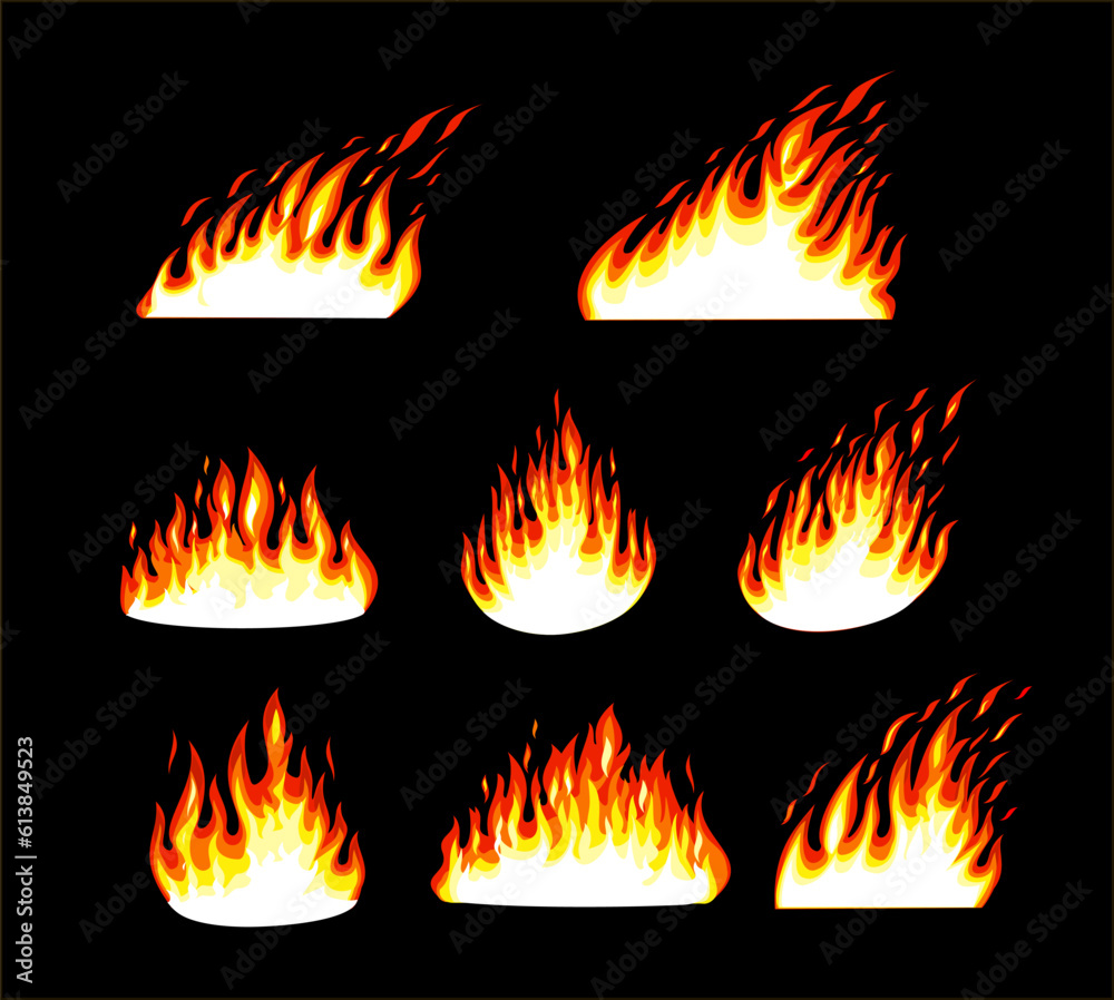 Fire flat icons and pictograms set isolated on black background for ...
