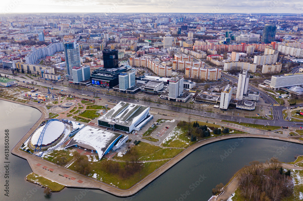 MINSK, BELARUS - JANUARY 1, 2020: Aerial cityscape of city center of ...