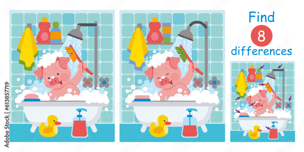 Find differences, education game for children. Cute cartoon little pig ...