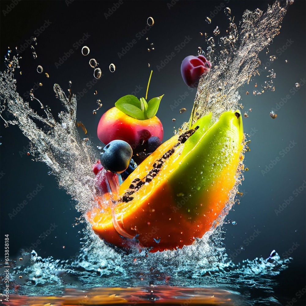 The picture depicts fruits floating in water, with droplets scattered ...