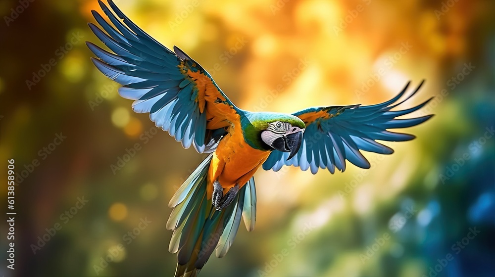 a colorful parrot flying through the air with its wings spread ...