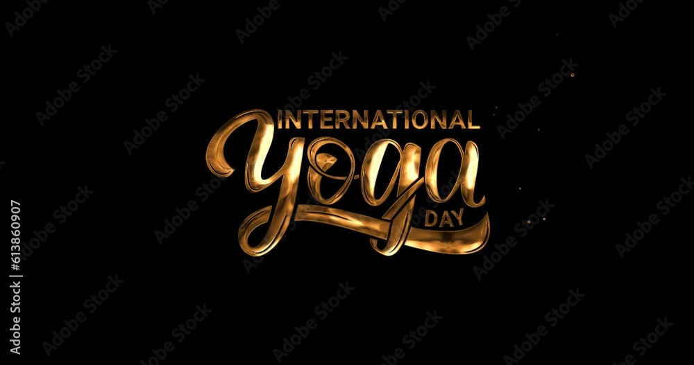 International Yoga Day animation in gold color. Handwritten modern text ...