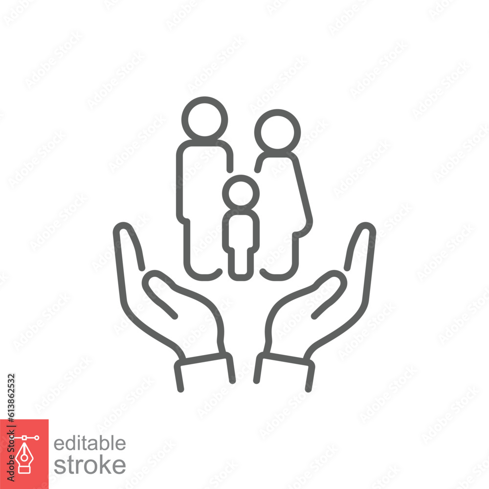 Family support icon. Simple outline style. Two hands protecting or ...