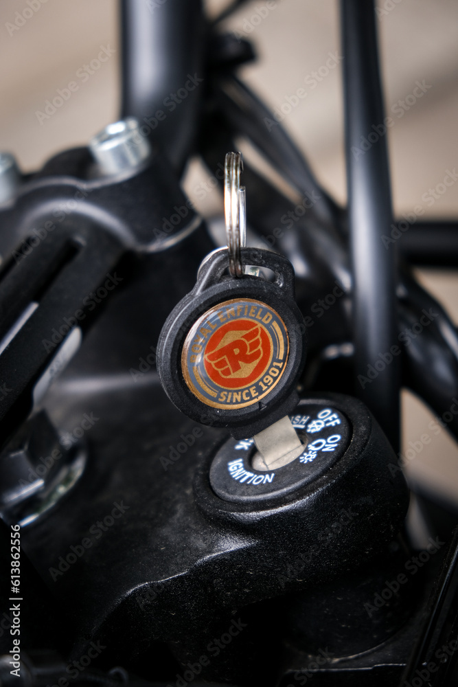 BUCHAREST, ROMANIA - MAY 31,2023: Royal Enfield motorcycle key with ...