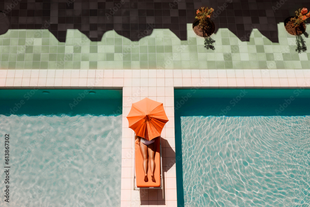 Aerial drone view of young woman la luxurious swmming pool in swimsuit ...