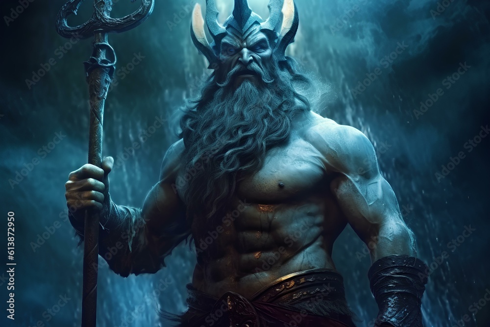 Angry greek god Poseidon holding a trident. generative AI Stock ...