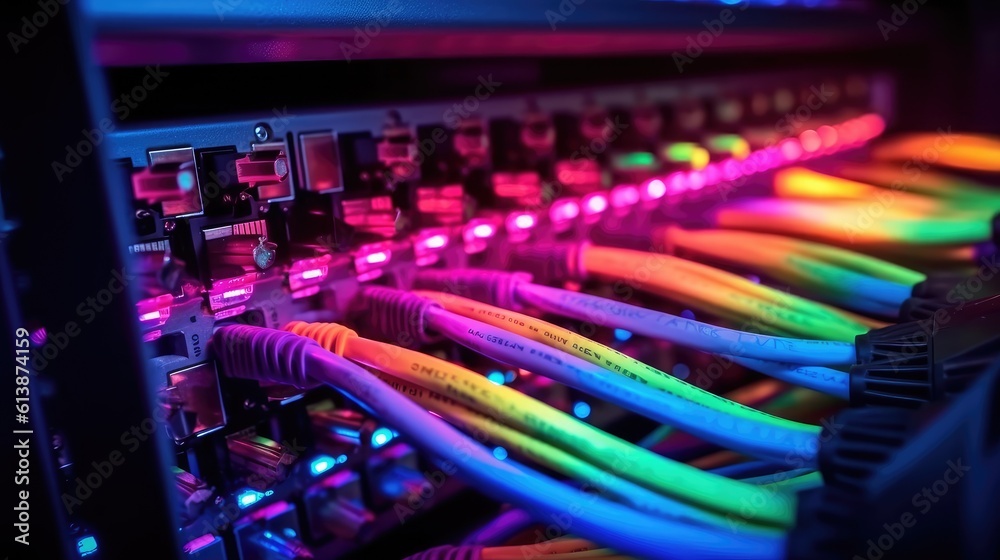 Servers connection with Fiber optic cable internet vivid color ...