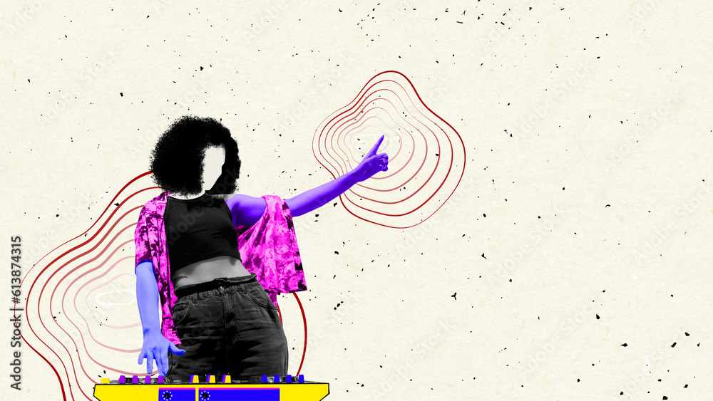 Young artistic woman, dj with dj station over light background. Disco ...