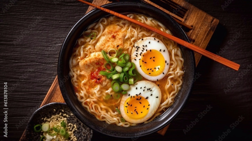 Asian ramen soup with meat, egg, chives and spices. Top view. AI ...