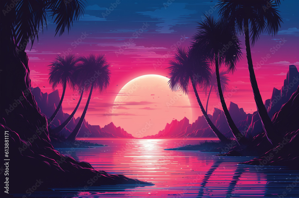 Pink Sunset on the beach with palm trees. Futuristic landscape 1980s style. digital landscape ...
