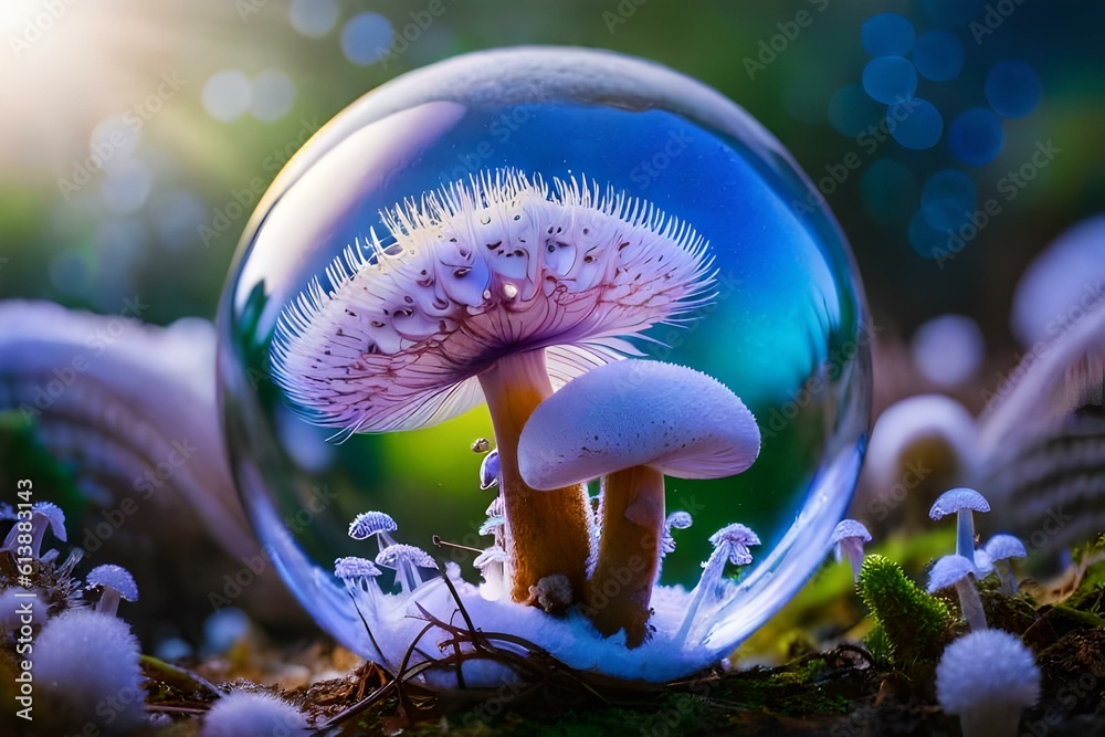 an alien orchid in glass sphere, blue mushrooms with cilia, enchanted ...