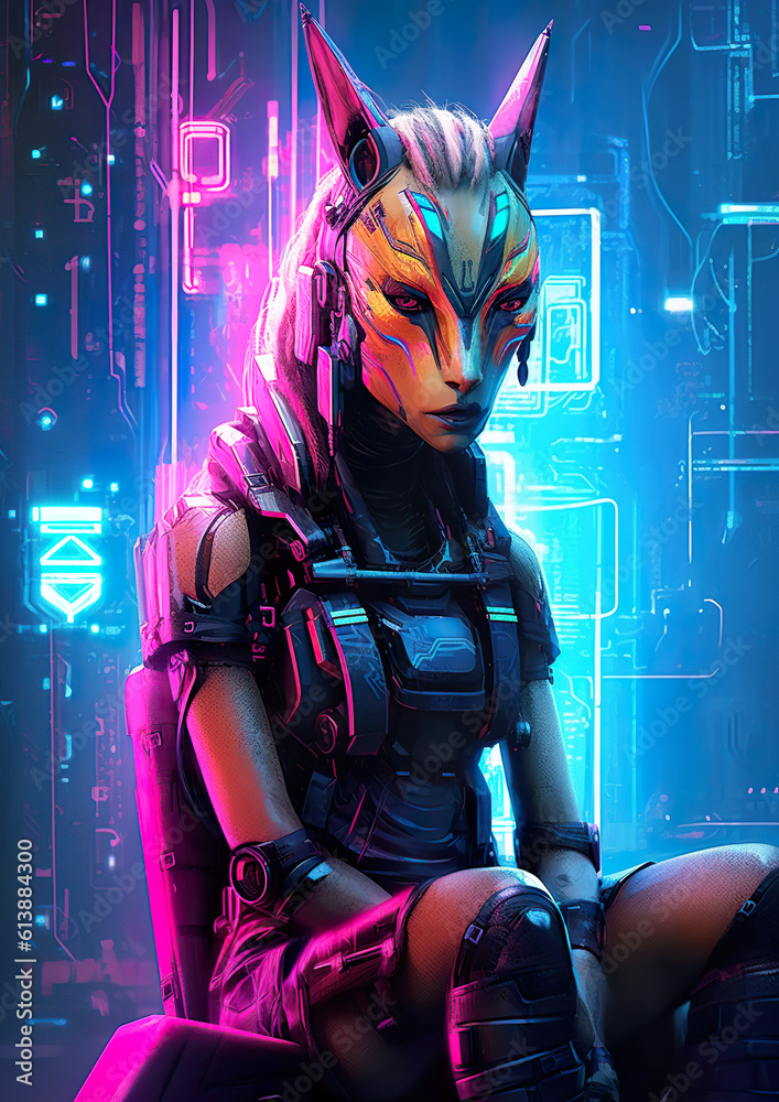 Futuristic humanoid and animal mix cyborg in a neon-lit cyberpunk city ...
