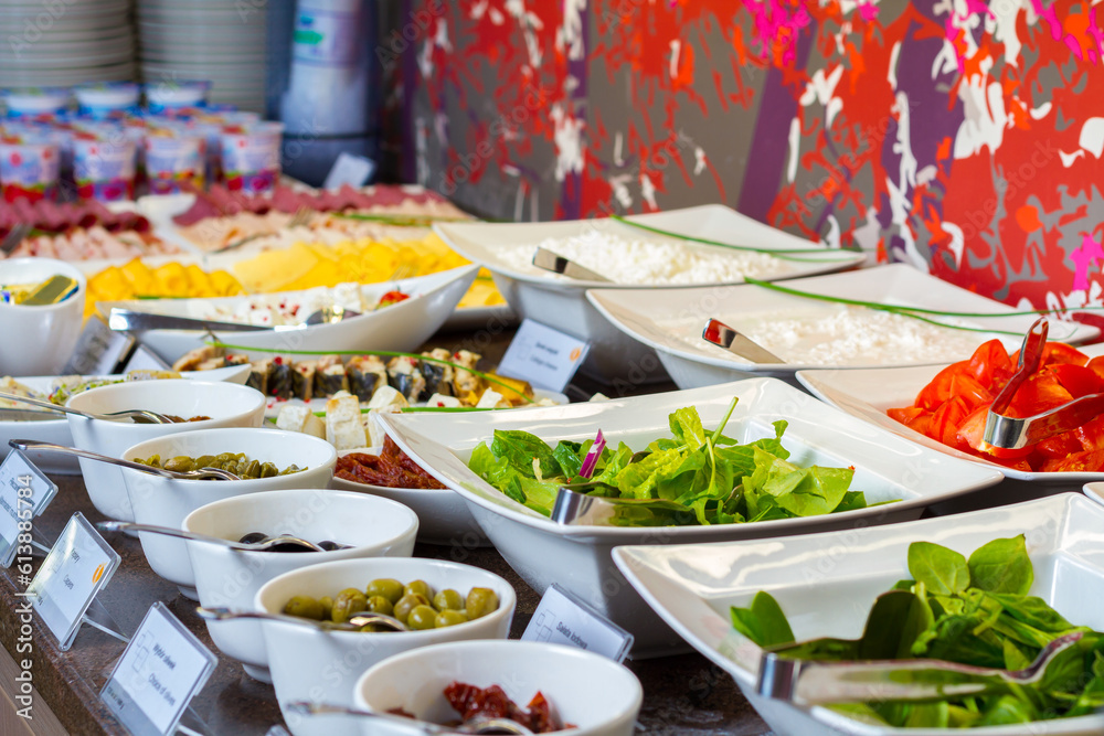 hotel breakfast buffet with many different types of food Stock Photo ...