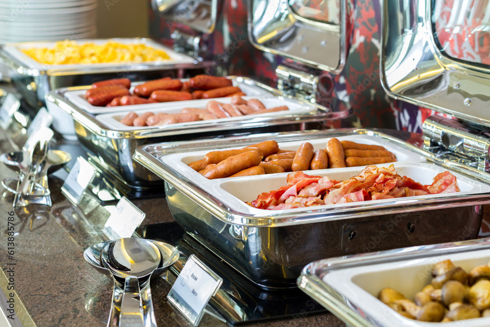 hotel breakfast buffet with many different types of food Stock Photo ...