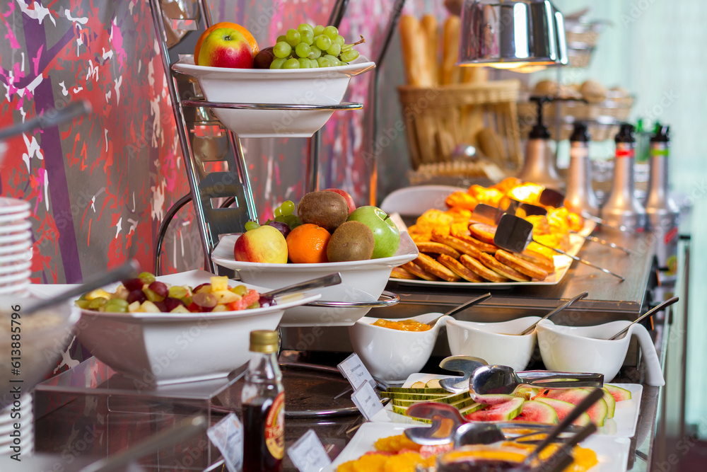 hotel breakfast buffet with many different types of food Stock Photo ...