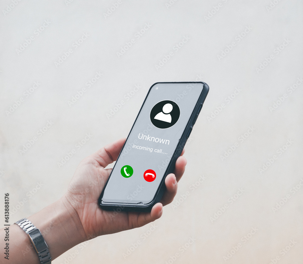 Fraud or phishing with smartphone concept. Woman holding mobile phone ...