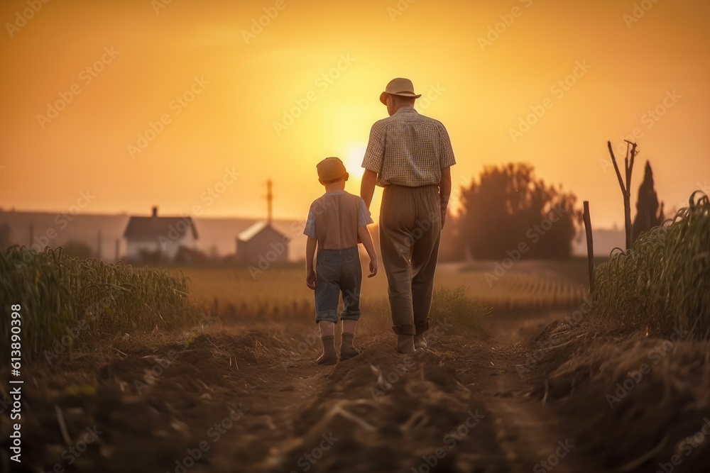 Father farmer with son in front of a sunset agricultural landscape, AI ...