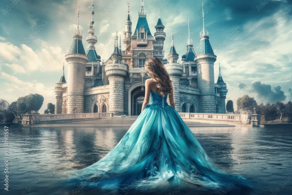 Illustration Fantasy girl princess in beautiful dress and magic castle ...