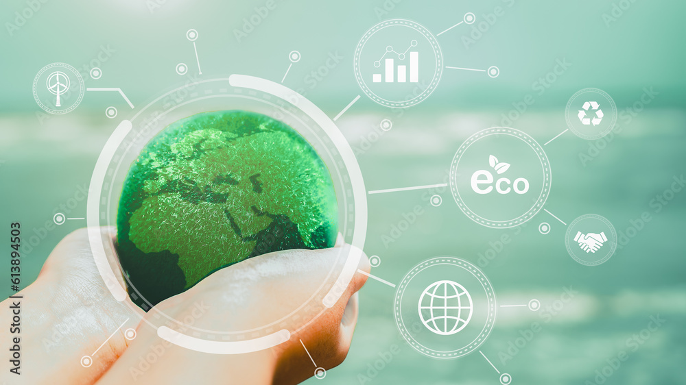 Hand holding global ecology earth world on beach sea with conceptual ...
