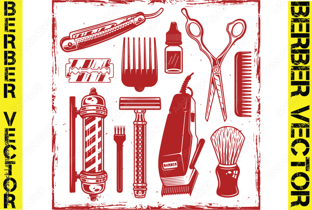 Vintage barber elements set, Vector monochrome collection barbershop tools, Barber shop elements ...