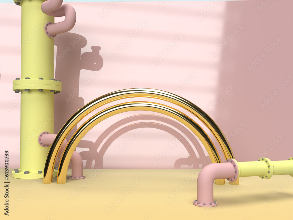 Pipeline with valves display in pink and yellow and with two Golden ...