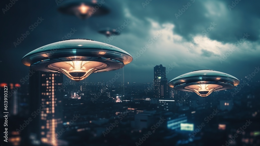 Alien invasion scene on big city background. UFO like a big flying ...