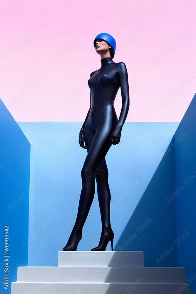young futuristic woman in a black body latex suit in front of a minimal ...