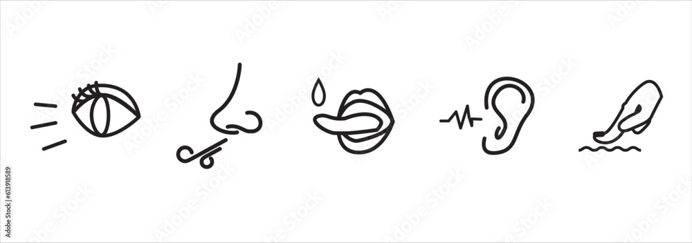 Icon set of five human senses: vision (eye), smell (nose), hearing (ear ...