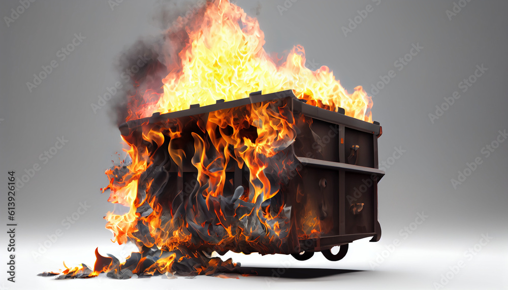 Burning garbage out of control dumpster fire isolated on white ...