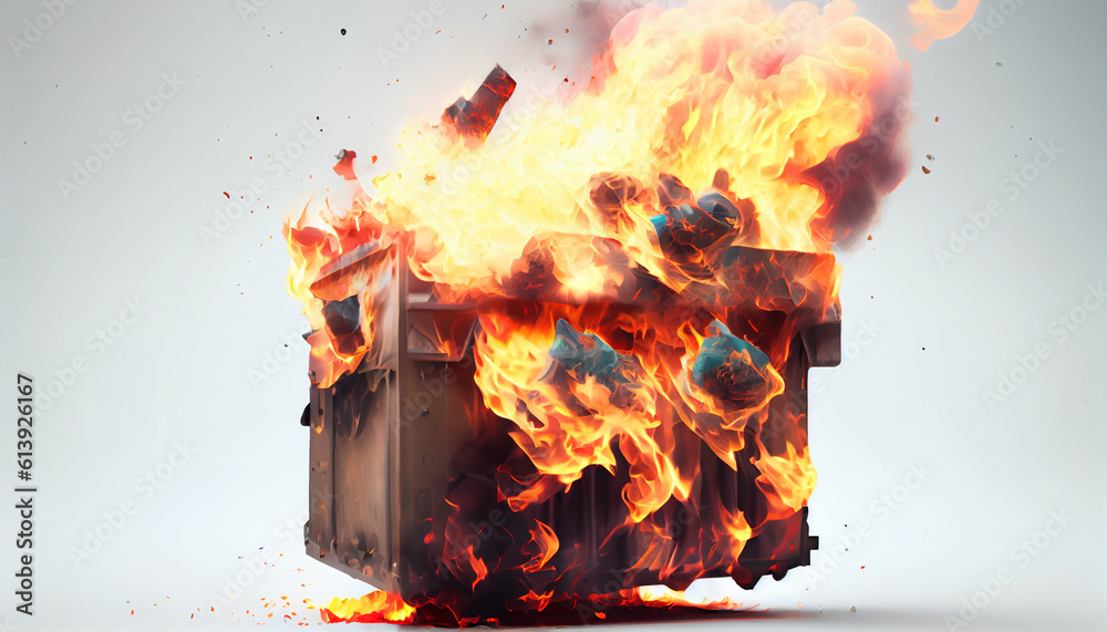 Burning garbage out of control dumpster fire isolated on white ...
