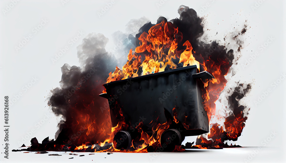 Burning garbage out of control dumpster fire isolated on white ...