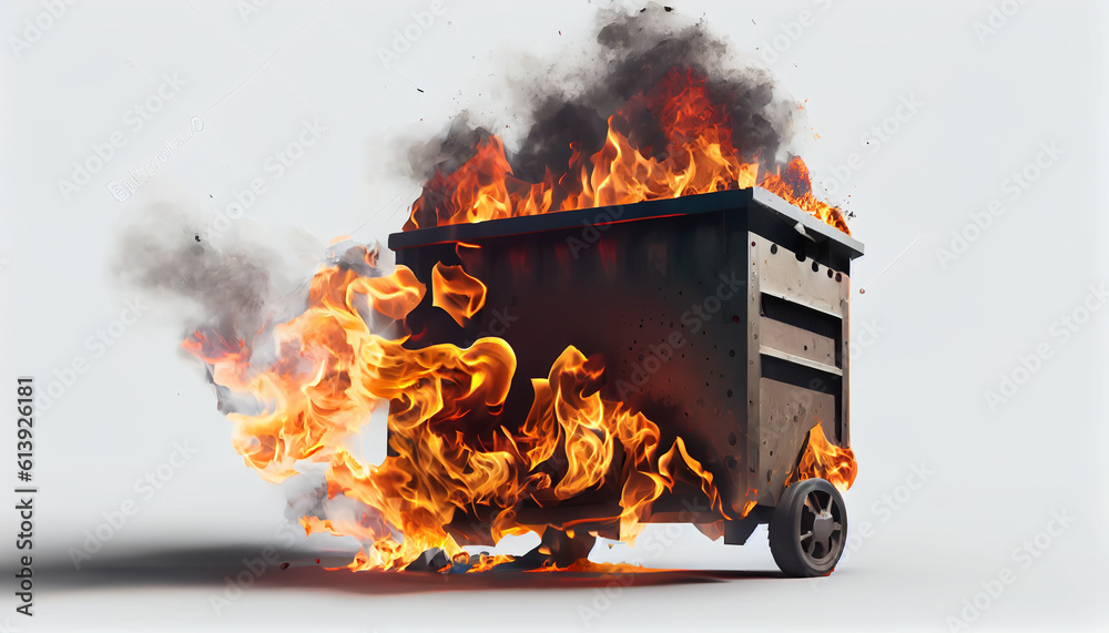 Burning garbage out of control dumpster fire isolated on white ...