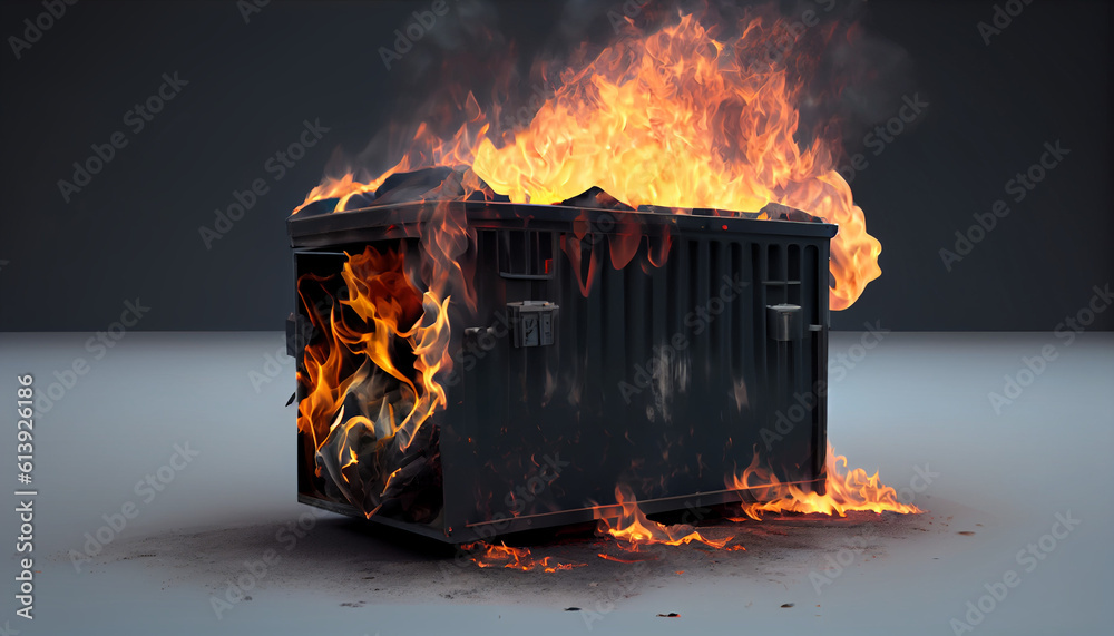 Burning garbage out of control dumpster fire isolated on white ...