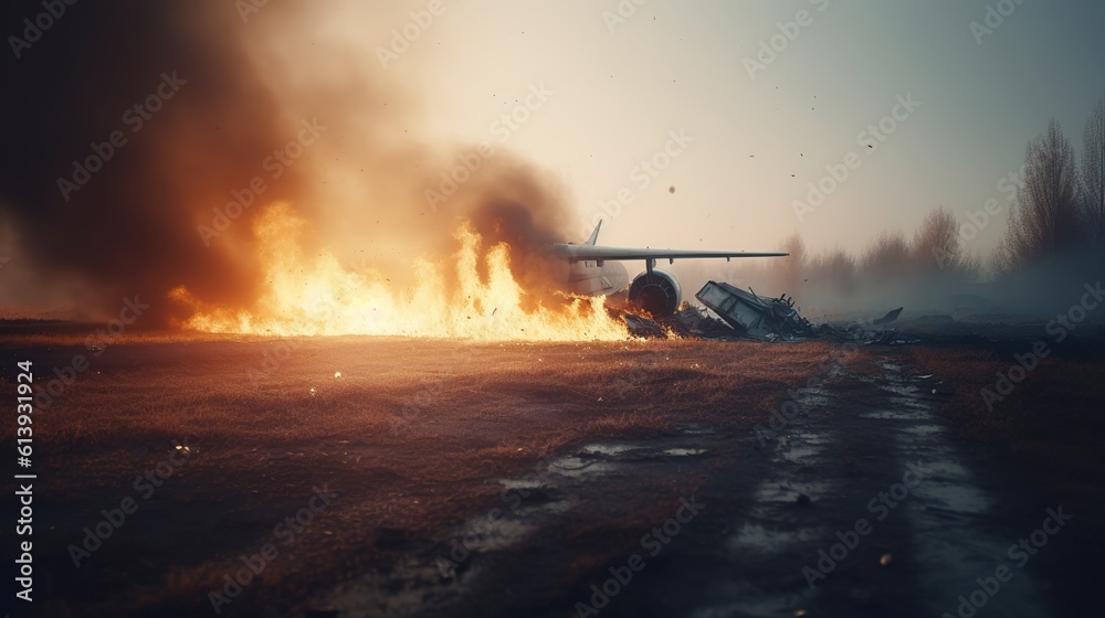 Dramatic illustration of aeroplane accident. Crashed and burnt air ...