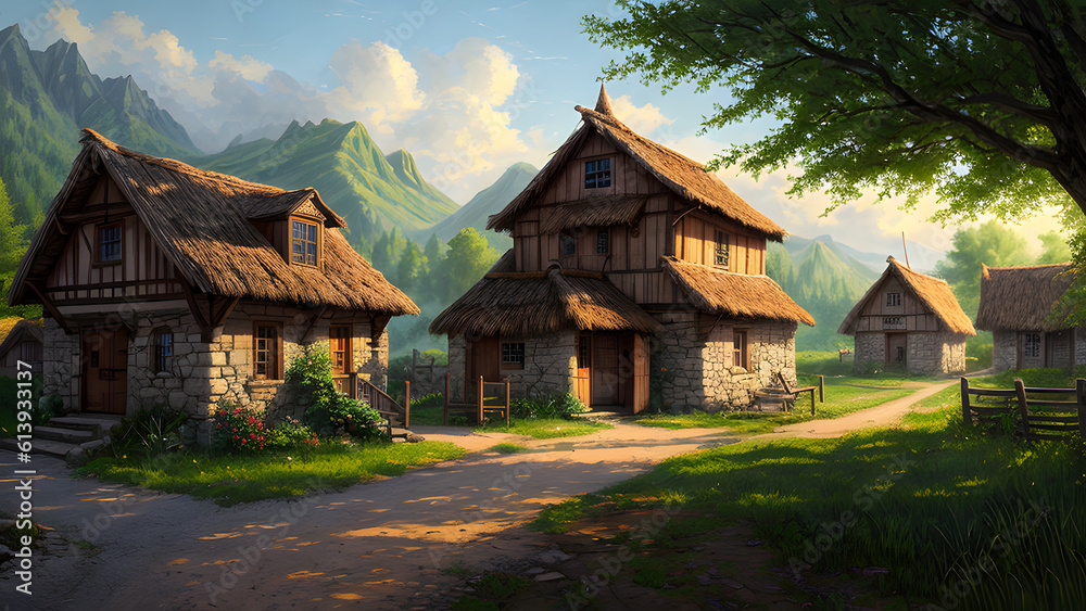 Realistic medieval village environment. 3D Illustration. Fantasy art ...