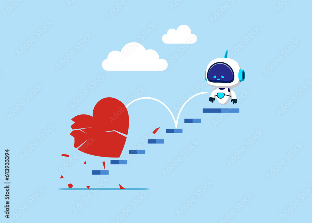 Broken heart. Robot with artificial intelligence near crushed heart ...
