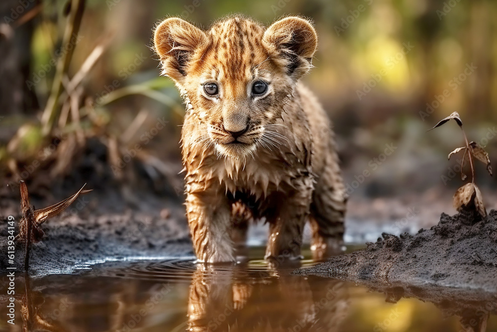 Lion cub, running through a puddle, reflected in a puddle, photography ...