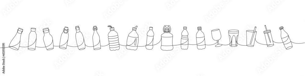 Bottles one line continuous drawing. Empty glass and plastic bottles ...