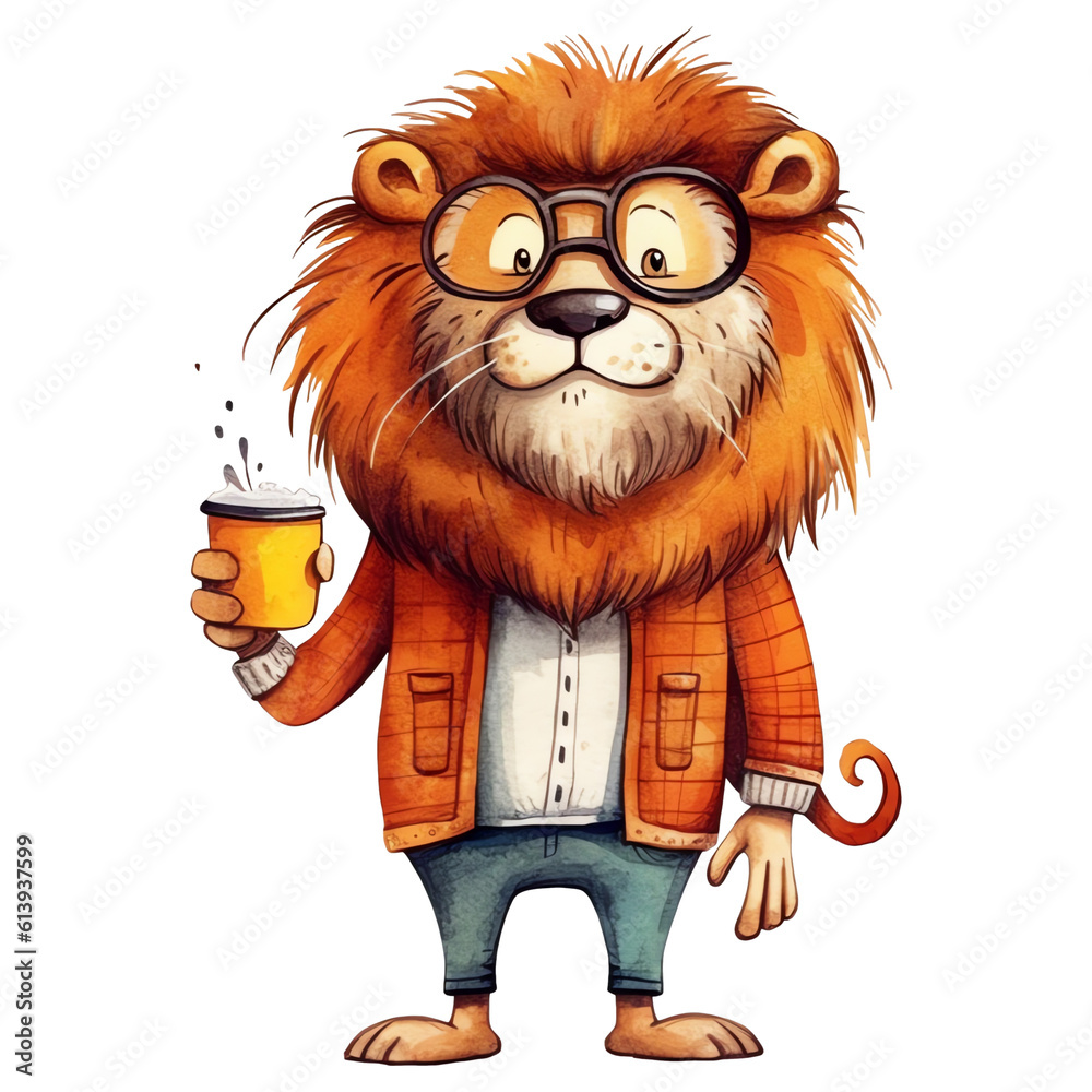 Funny lion cartoon character with glasses, clothes and a tasty beverage ...