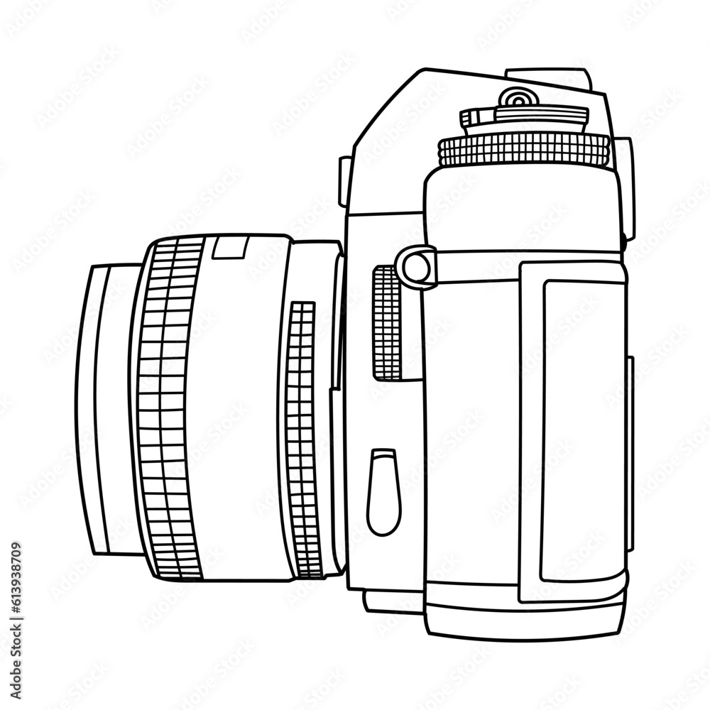 Hand drawing old SLR vintage film photo camera. Top view, top side ...