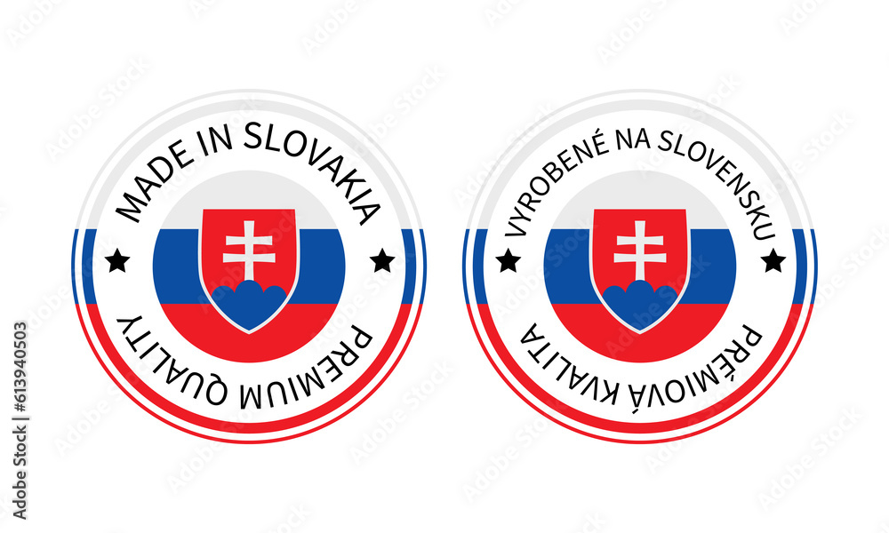 Made in Slovakia round labels in English and in Slovak languages ...