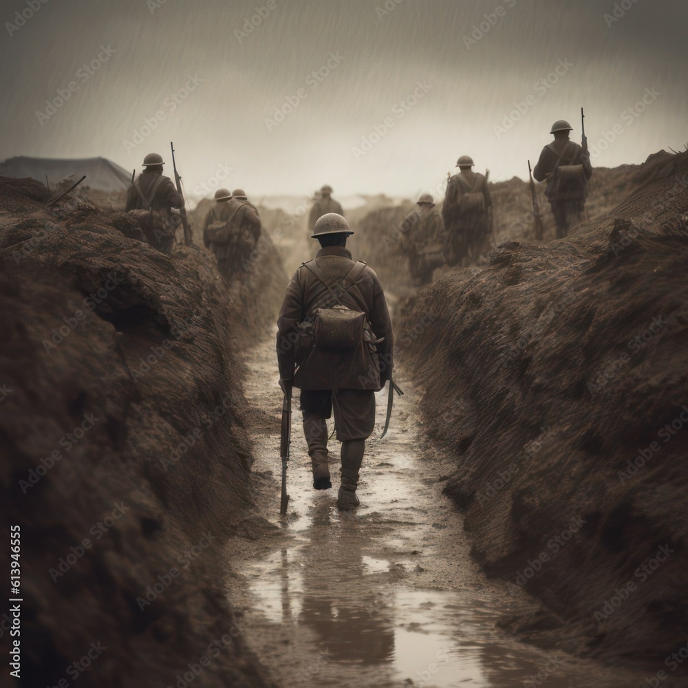 Soldiers walking in a muddy trench created with Generative AI Stock ...