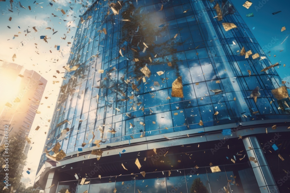 The modern bank building is collapsing. Securities, stocks and bonds ...