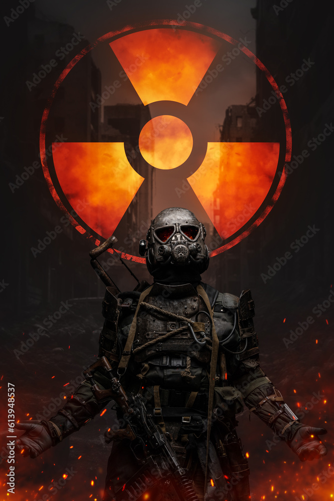 Post-apocalyptic soldier, protected by a unique suit, stands against a ...