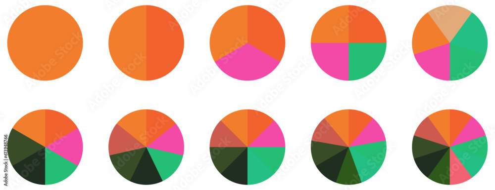 Set of circle pie chart icons. Colorful diagram with 10 sections ...