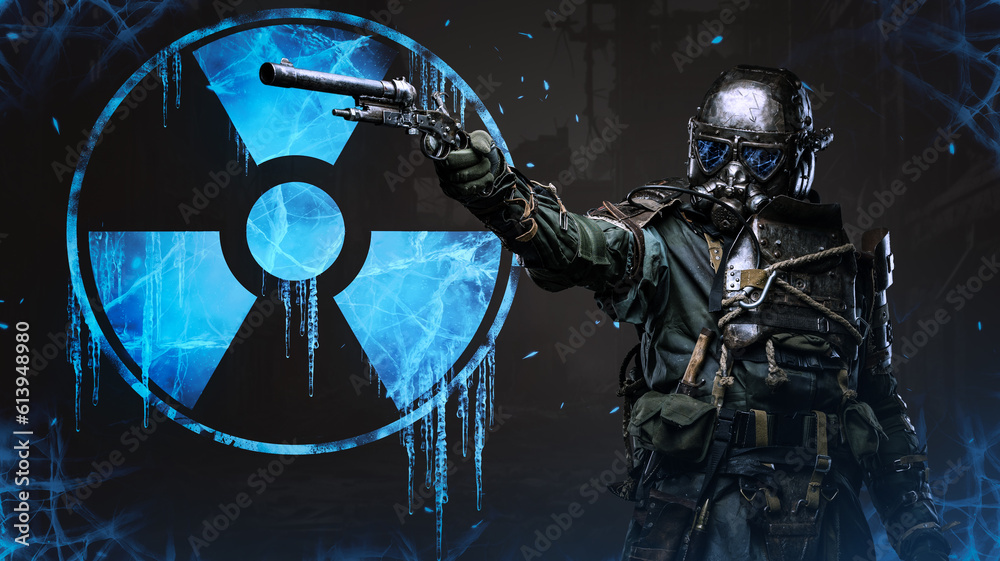 Soldier stands against a backdrop of a massive nuclear protection sign ...