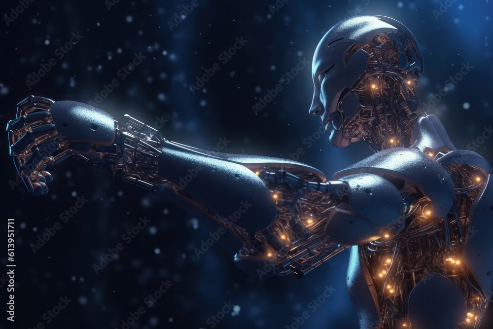 Biorobot with outstretched hand, side view. Metal composite torso, head ...