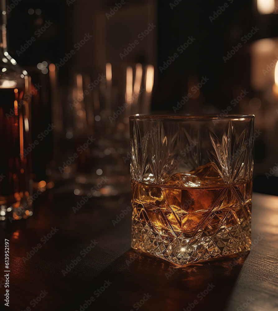 whiskey in a crystal glass on the bar counter on a blurry background of ...
