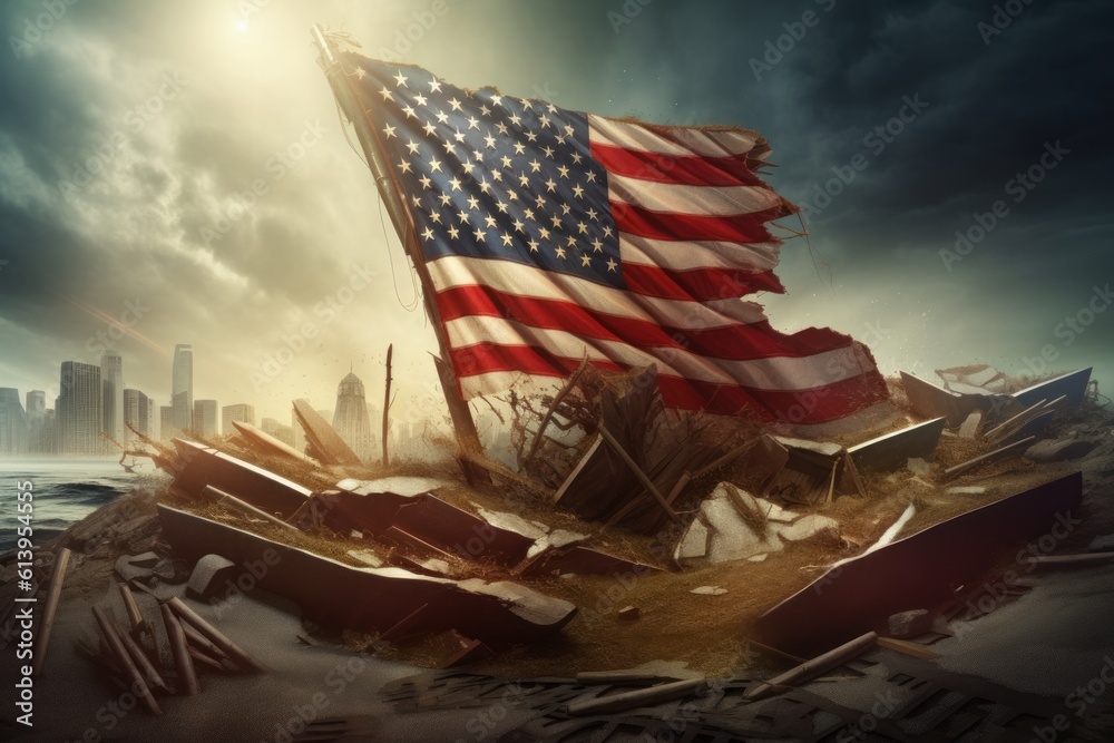 Damaged American flag on the ruins of a building against the backdrop ...